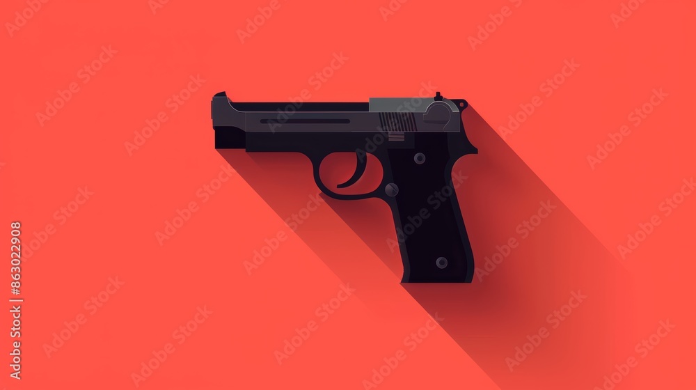 Silenced pistol with a sleek silencer, depicted against a red gradient ...