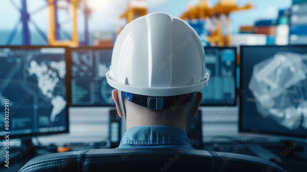 Ship captain intently monitoring port operations from the bridge ...