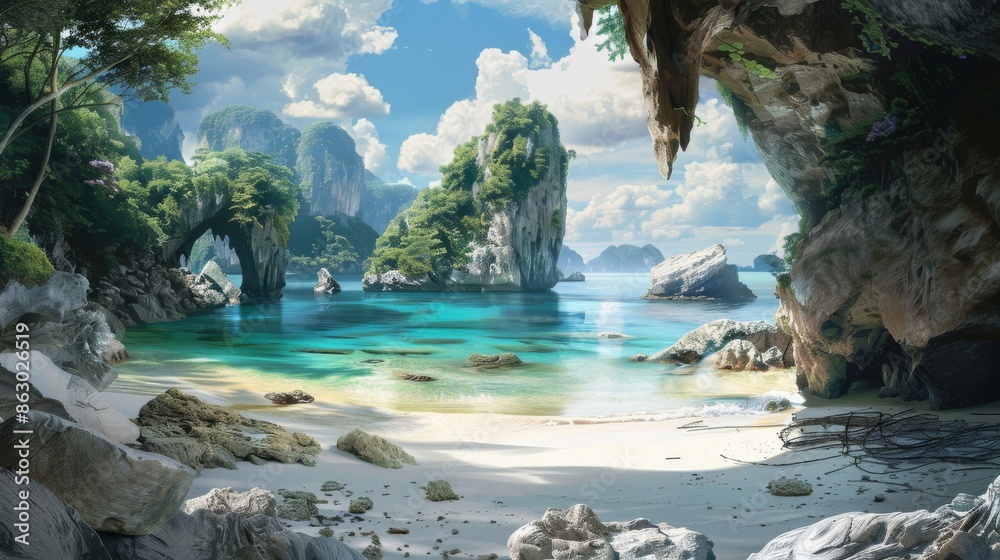 Illustration of A secluded cove with azure waters, white sand beaches ...
