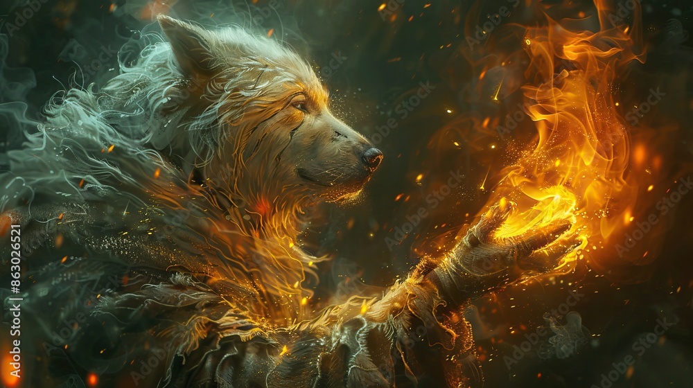 Fantasy illustration of a wolf wizard conjuring magical fire ...