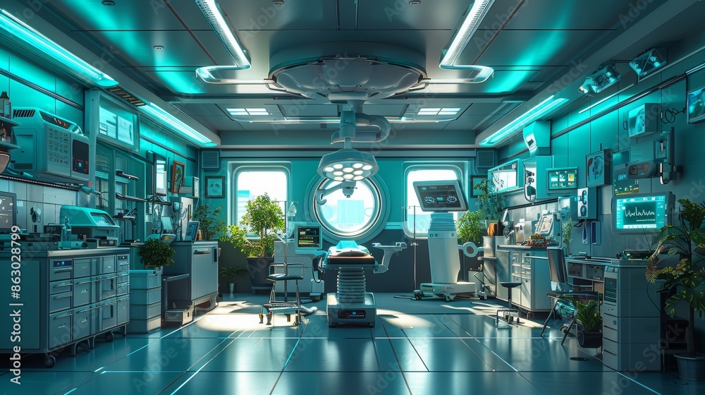 A futuristic operating room where surgeons perform complex procedures ...