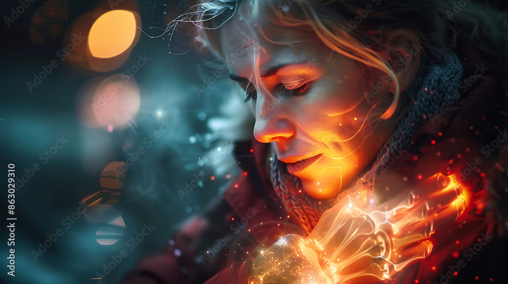 Joint health visualization Woman rheumatoid arthritis glowing depiction ...