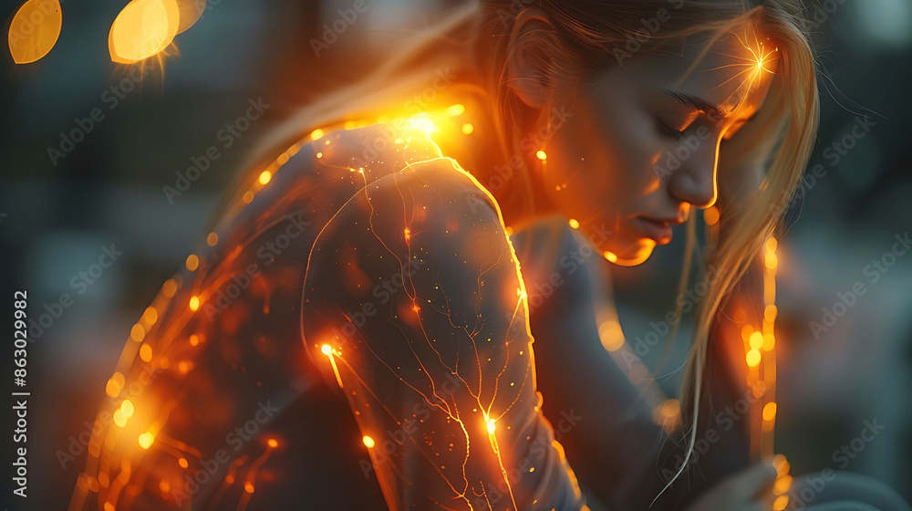 Joint health visualization Woman rheumatoid arthritis glowing depiction ...