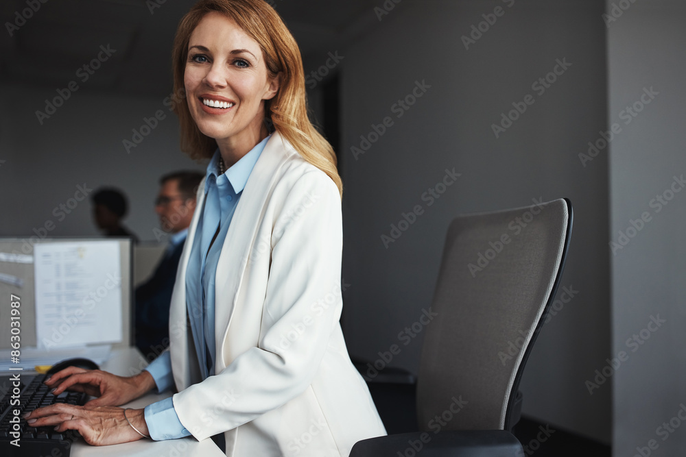 Professional, portrait and business woman in cubicle with computer ...