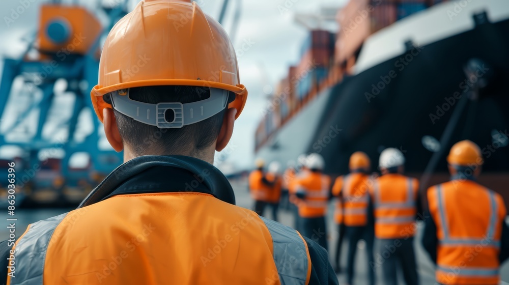 Upper body shot of shipyard workers in hard hats and safety vests ...