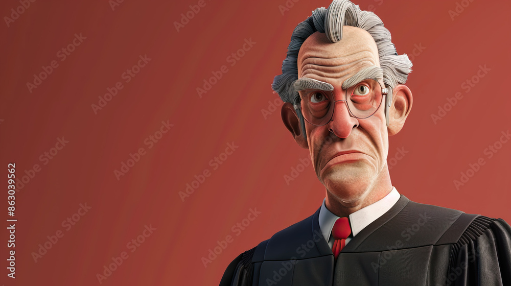 3d cartoon judge with a stern look and a raised eyebrow on isolate ...