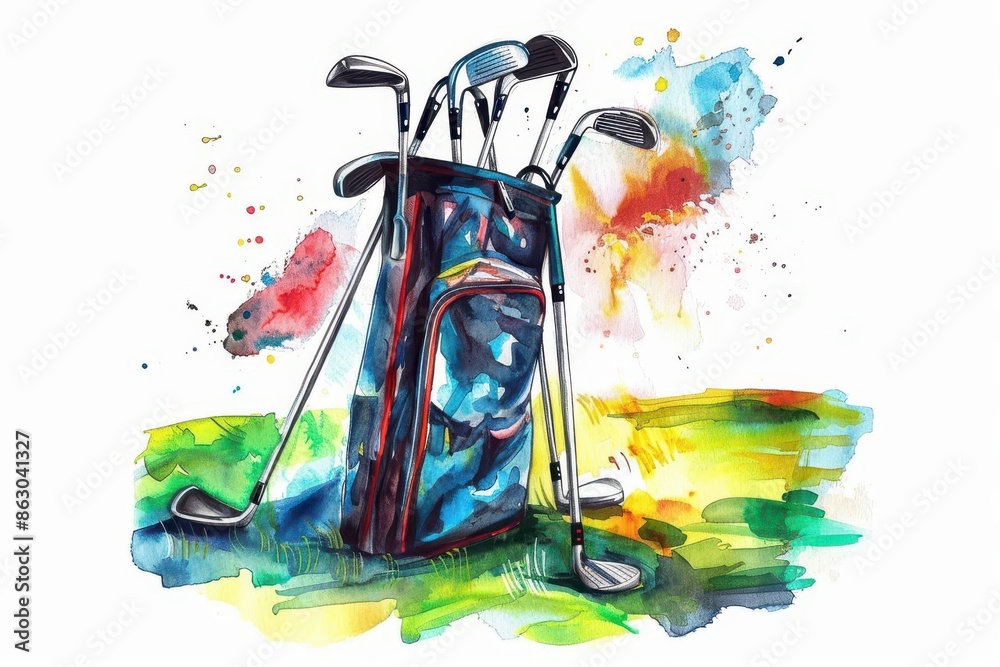 Watercolor golf bag with clubs on a white background, vibrant colors ...