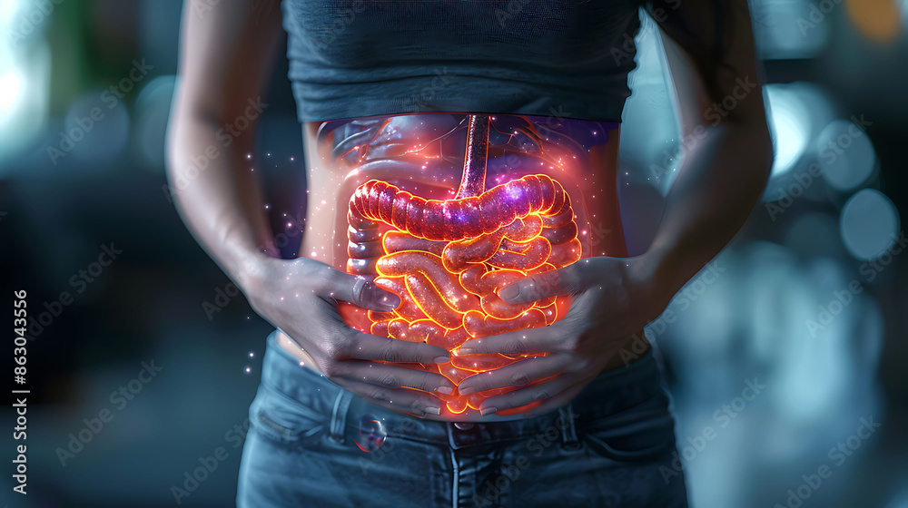 Pancreas health visualization Woman chronic pancreatitis glowing ...