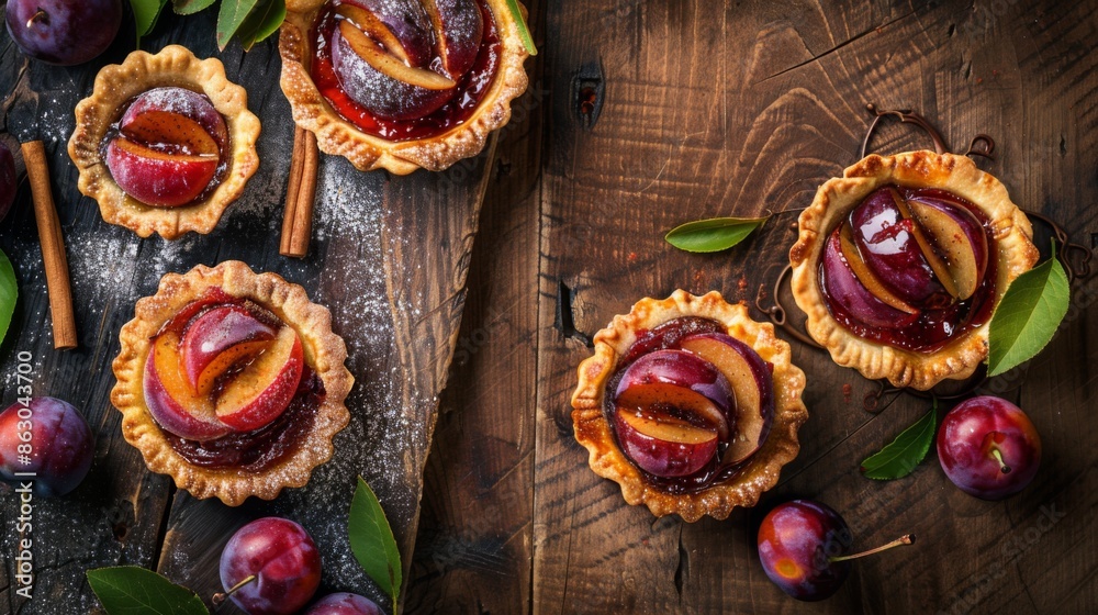 Small Plum tarts, fruit pastries with cinnamon on a rustic wooden table ...