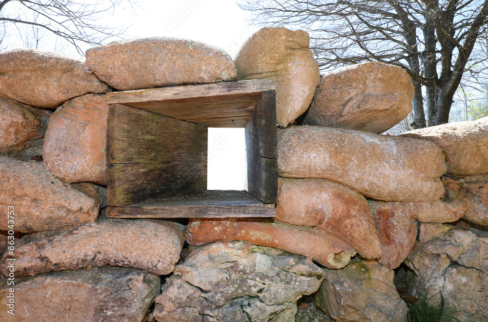 firing slit inside a trench with sandbags for soldier protection during ...