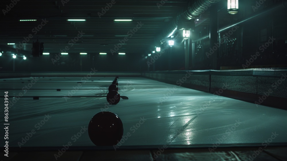 Mystical capture of an empty indoor curling rink illuminated by the ...