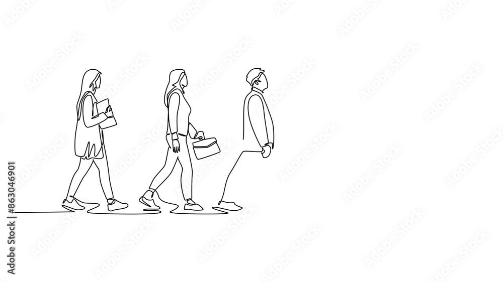 Self drawing animation of single line draw group male and female urban ...