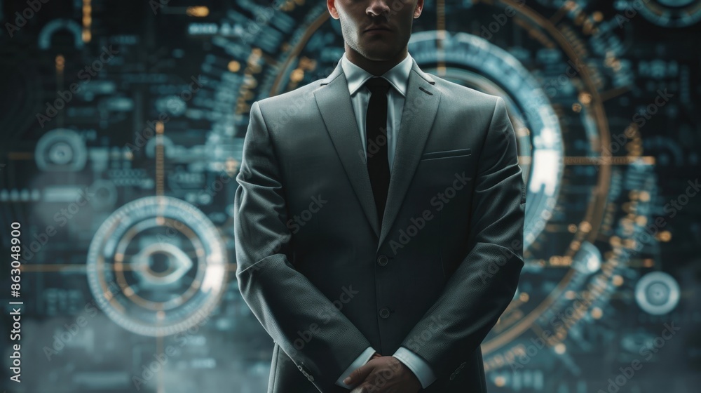 Male CEO in charcoal grey suit, torso view, eye icon backdrop, tech ...
