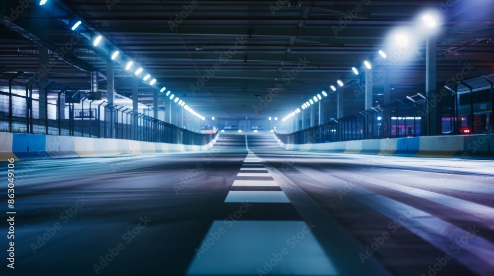 Mystical capture of an empty indoor go-kart racing track illuminated by ...