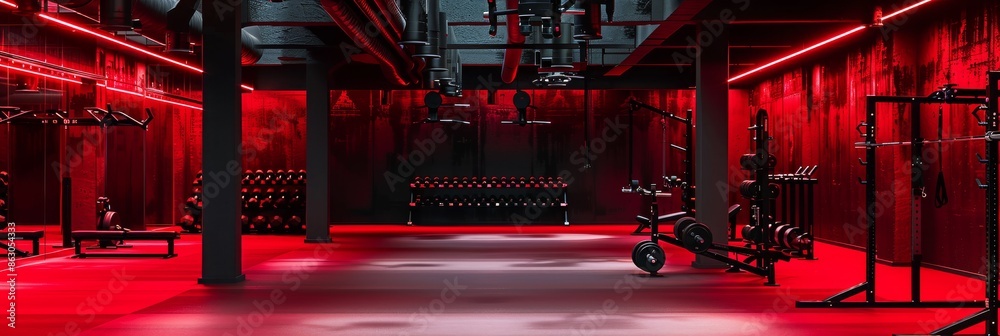 An empty contemporary gym interior with striking red artificial ...