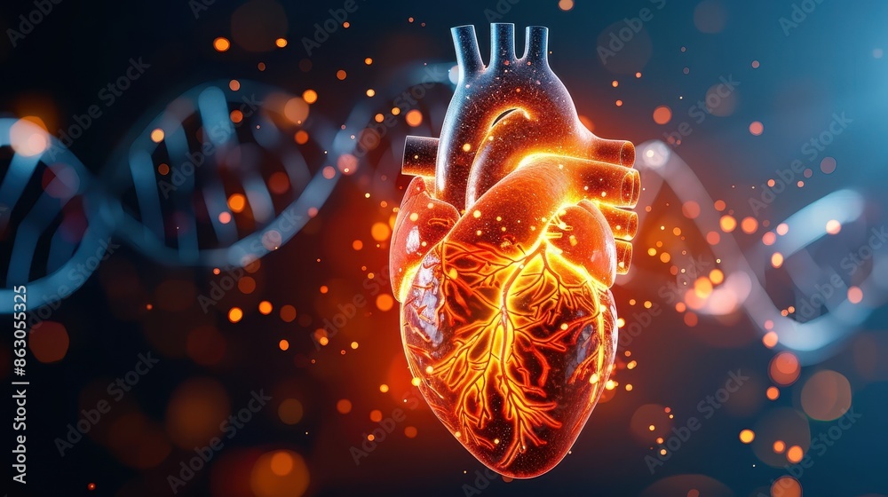 Human heart anatomy with DNA strands and scientific background, medical ...