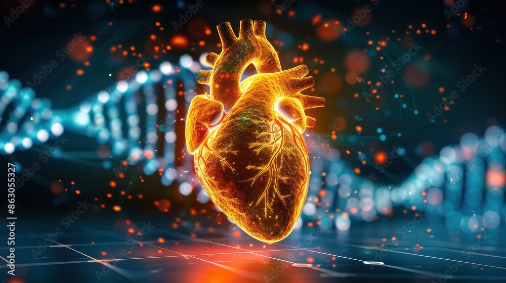 Human heart anatomy with DNA strands and scientific background, medical ...