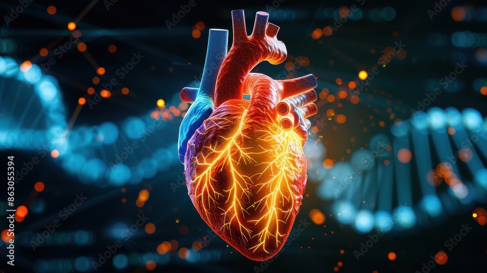 Human heart anatomy with DNA strands and scientific background, medical ...