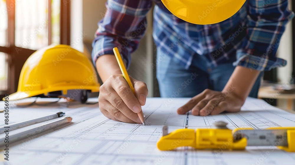 Architect or engineer working on building blueprint contractor ...