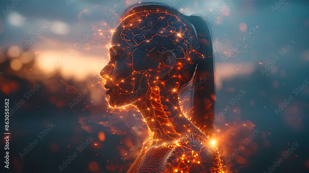 Spinal health visualization Woman cervical radiculopathy glowing ...