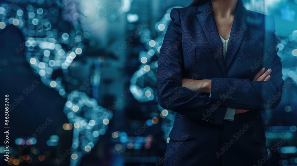 Female CEO in navy blue suit, torso view, discussing globalization ...