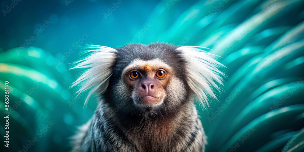 A small primate with a tuft of white fur on its head stares directly at ...