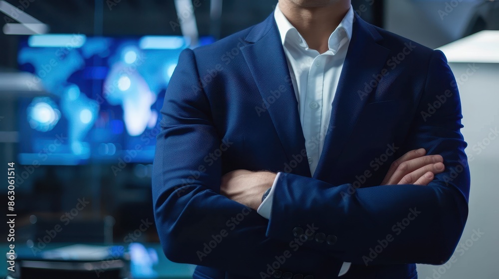Male CEO in navy blue suit, torso view, system monitoring interface ...