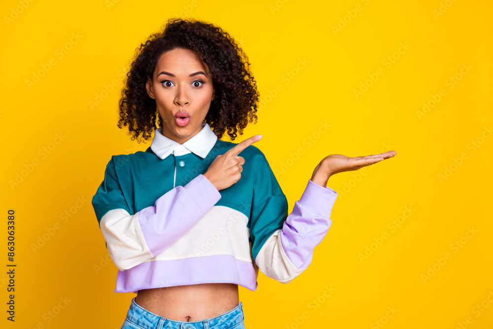 Photo of speechless woman with curly hair dressed striped top ...