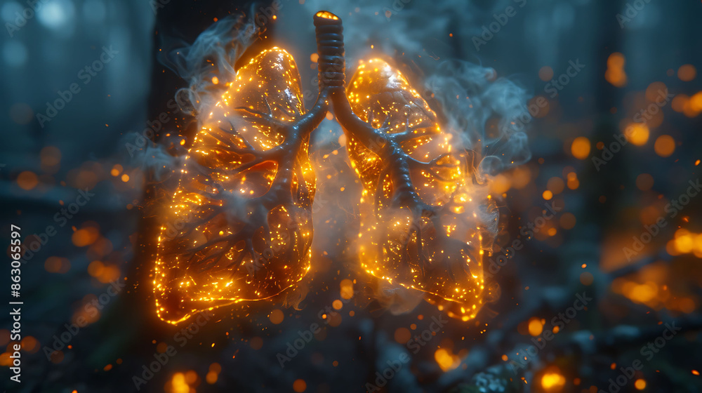 Individual asbestosis glowing depiction of lungs showing inflammation ...