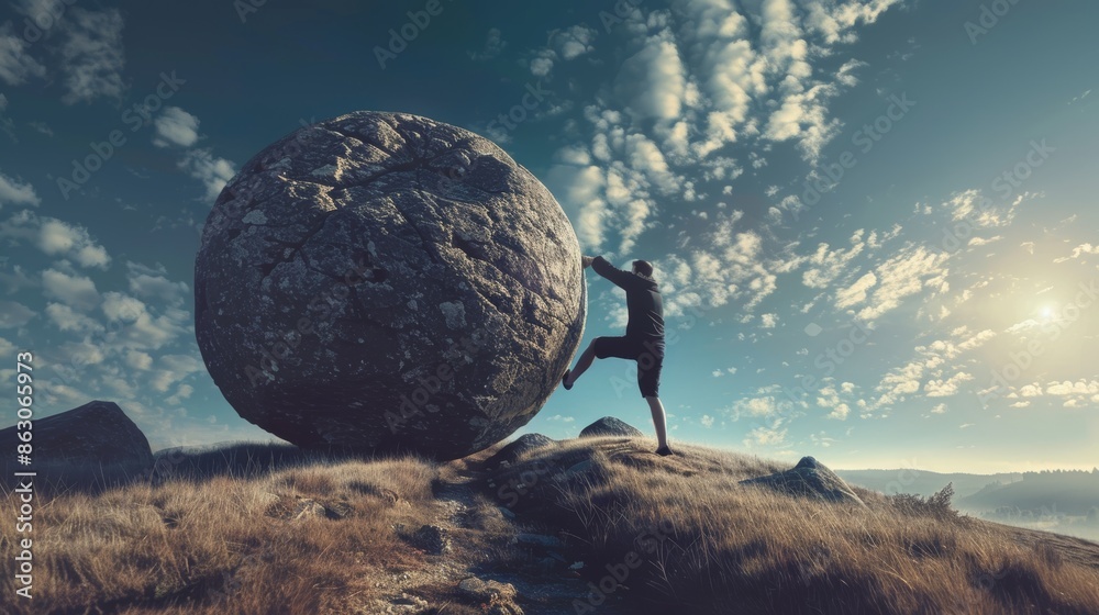 Struggle of sisyphus man pushing a round stone uphill in a realistic ...