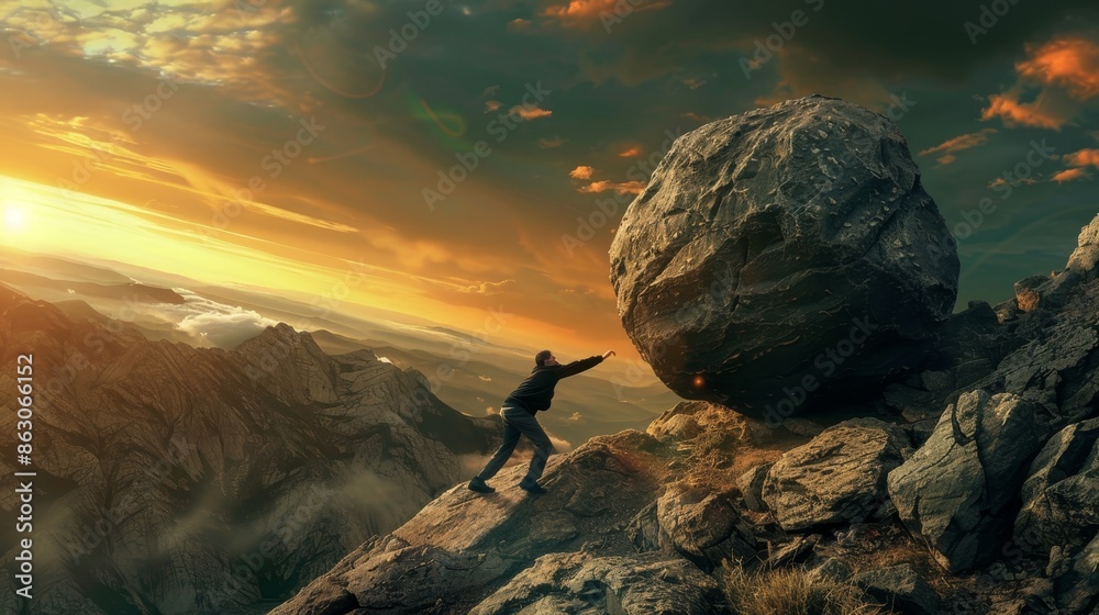 Man in sisyphean task, pushing stone uphill, depicted in realistic ...