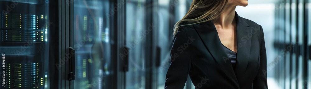 Female CEO in black suit, torso view, data server backdrop, modern ...