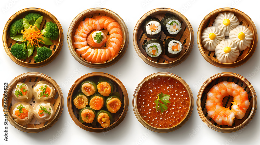 dim sum food with many asian dishes isolated on white background ...