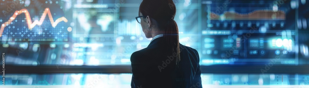 Female CEO in black suit, torso view, analyzing global market data ...