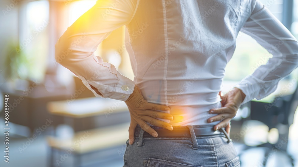 Asia beautiful woman holding her lower back while and suffer from ...