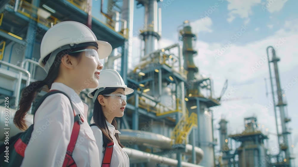 Two Asian female engineer with white safety helmet standing front of ...
