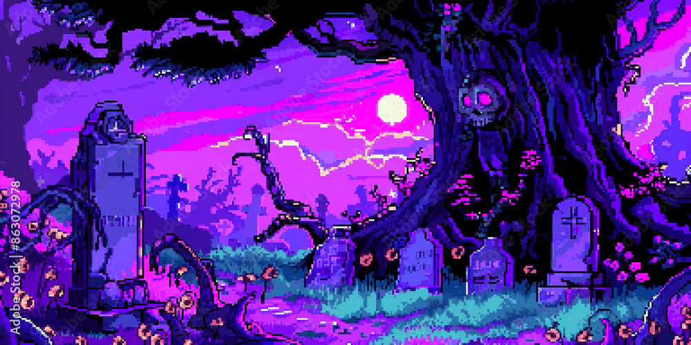 8bits pixel art of cute pastel goth graveyard with a tree, tombstone ...