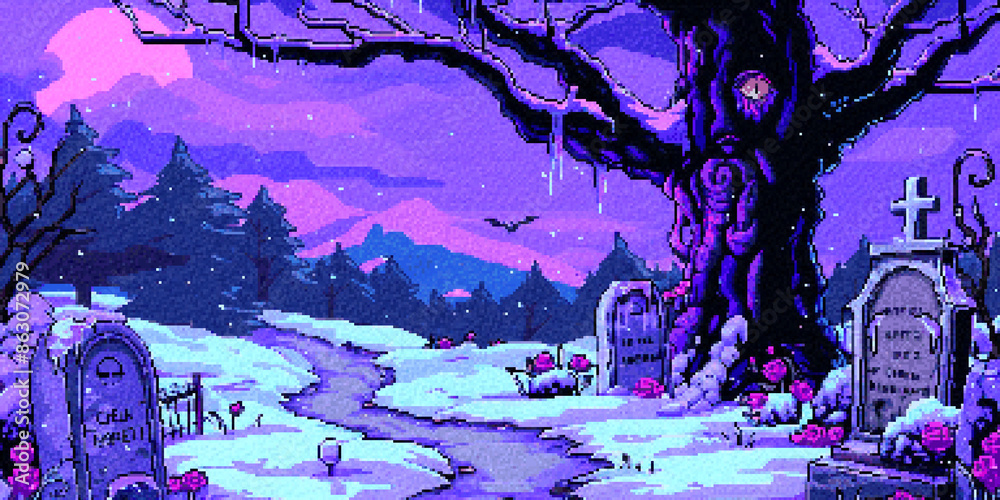 8bits pixel art of cute pastel goth graveyard with a tree, tombstone ...