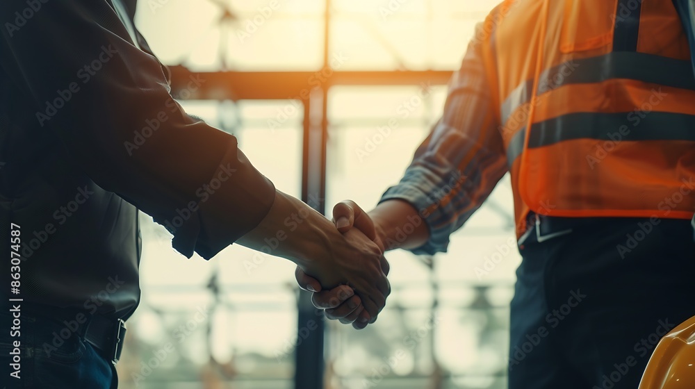 Construction workers architects and engineers shake hands while working ...