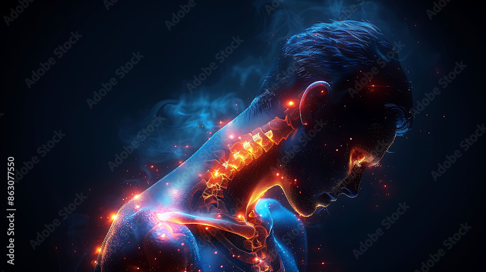 Person experiencing chronic pain due fibromyalgia glowing depiction of ...