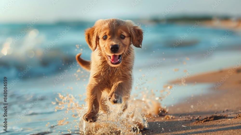 Cute happy puppy running on the beach, splashing water in the sunset ...
