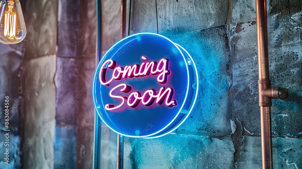 Hanging neon blue sign with text "Coming Soon" in bright colors against ...