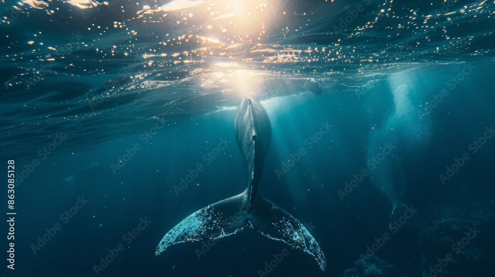 Whale tail above water. Sunlight above the ocean. Amazing underwater ...