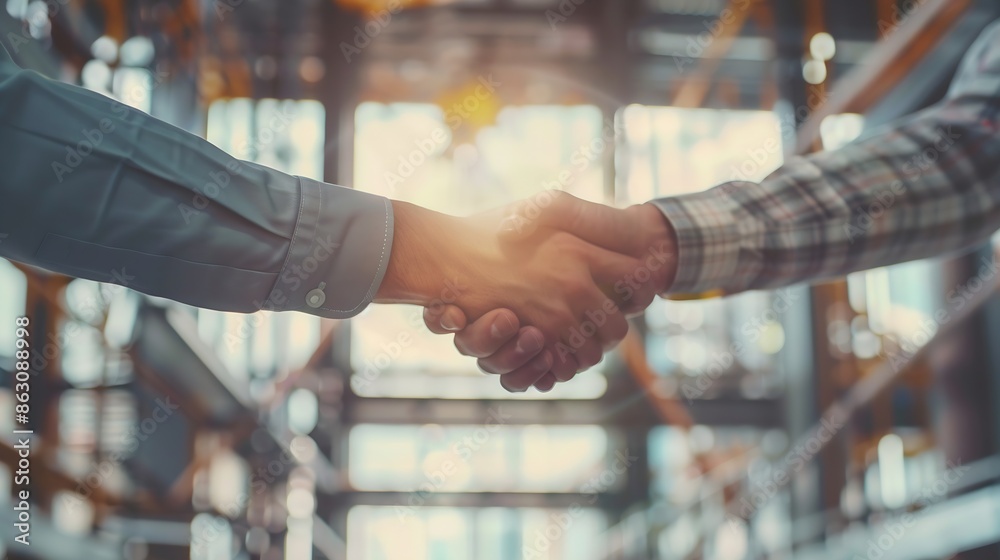 Construction workers architects and engineers shake hands while working ...