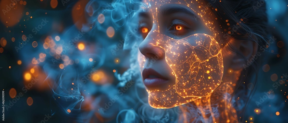 ภาพประกอบสต็อก Woman pulmonary fibrosis glowing depiction of lungs ...