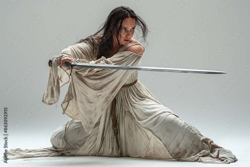 The fierce warrior woman assumes a combat-ready stance, wielding a ...