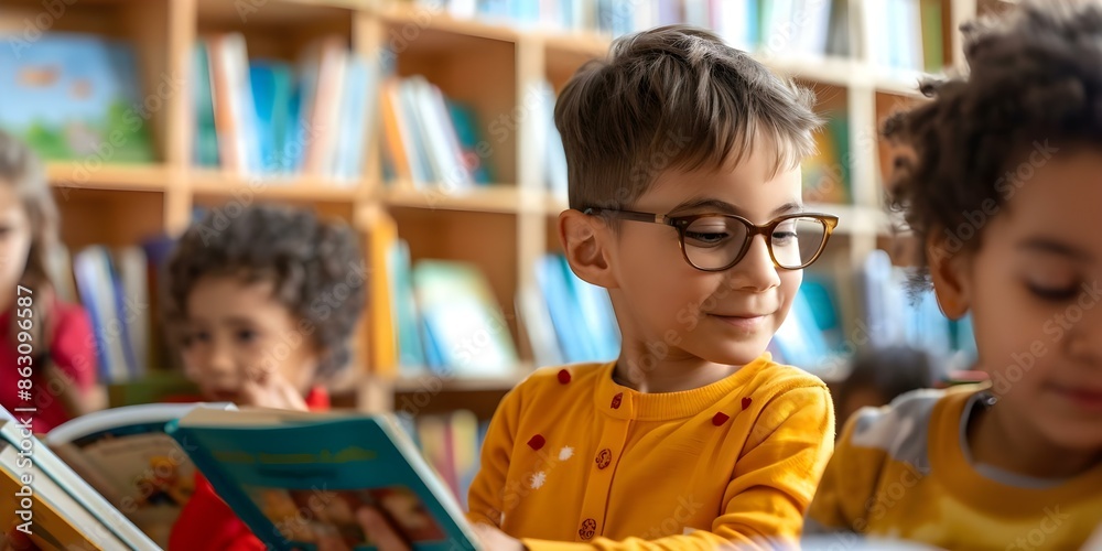Kindergarten kids learning to read in a classroom. Concept Education ...