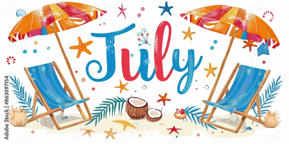 "July" in bold, colorful letters with beach chairs and palm leaves ...
