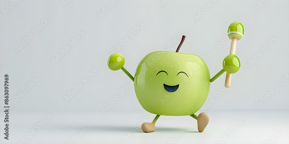 Cute 2D apple character dancing with maracas musical theme white ...