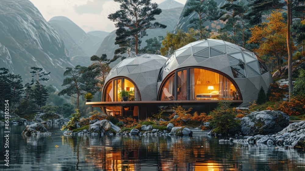 Two futuristic geodesic dome structures on the edge of a tranquil ...